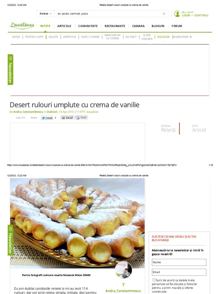 Reteta Desert Rulouri Umplute Cu Crema de Vanilie | PDF