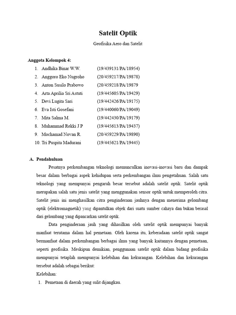 Paper Geofisika Aero Dan Satelit - Kelompok 4 - Satelit Optik | PDF | Sains & Matematika