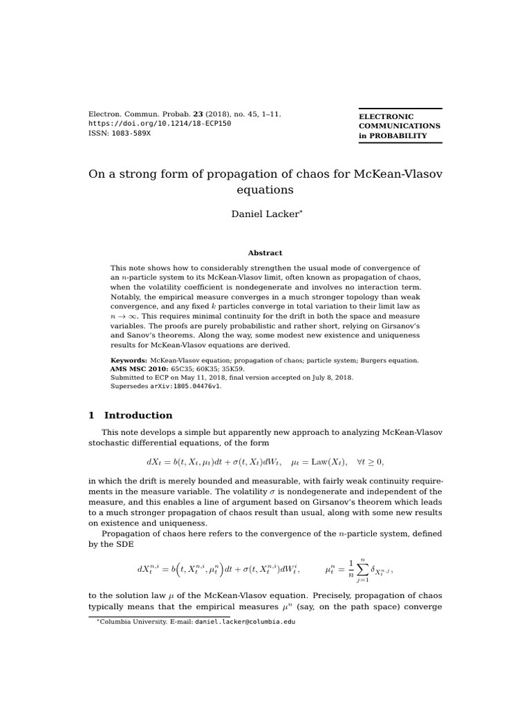 On A Strong Form of Propagation of Chaos For McKean-Vlasov Equations | PDF | Functions And ...