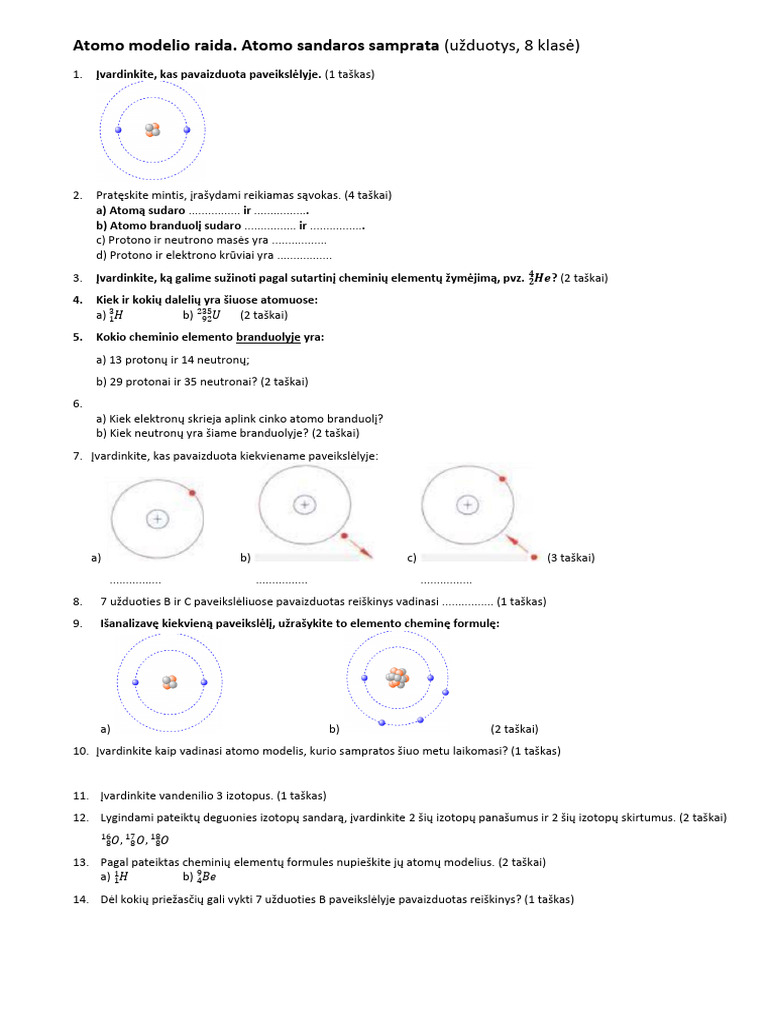 3 atomo modelio raida atomo sandara uzduotys 8 | PDF