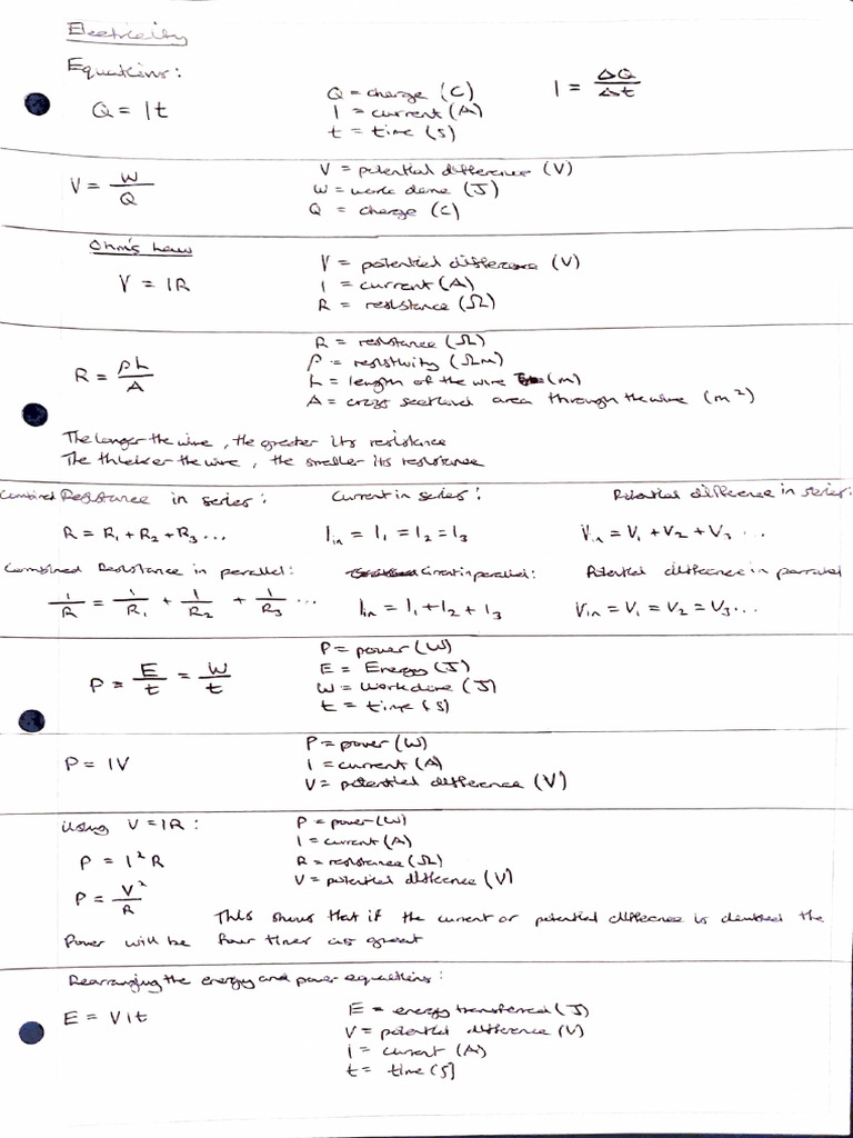 Electricity Equations AQA A Level Physics | PDF
