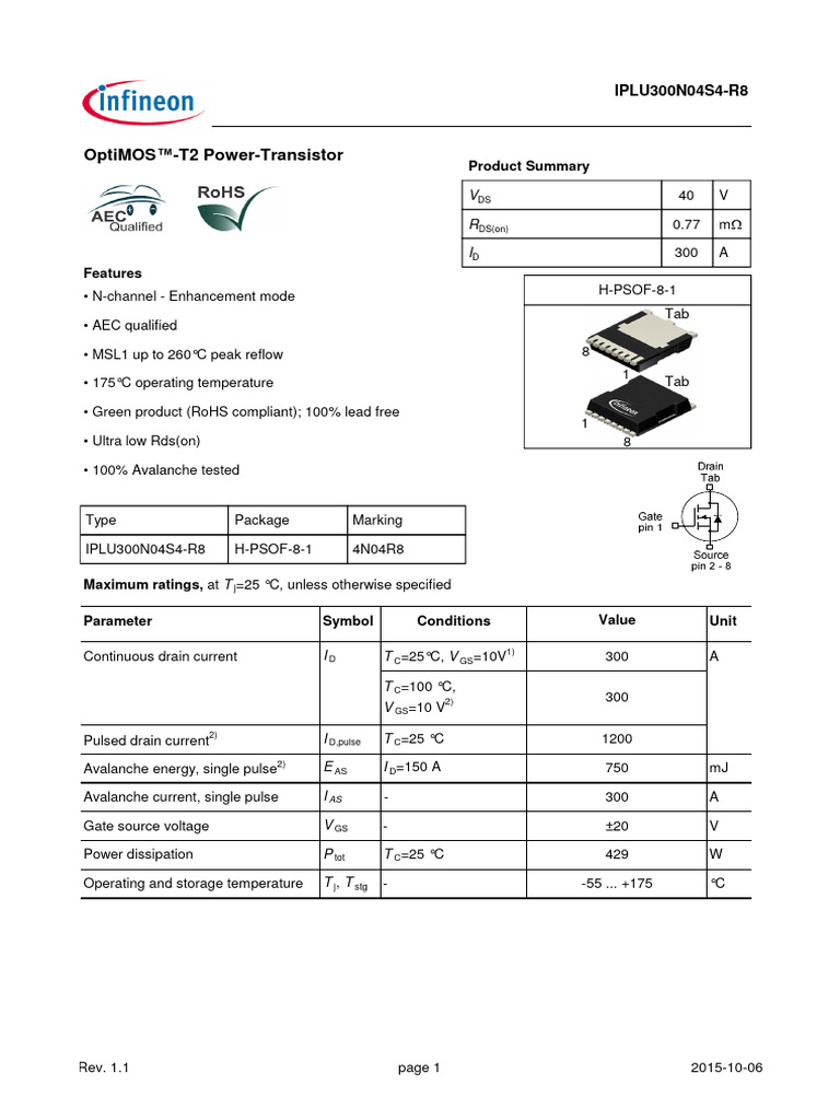 Infineon-IPLU300N04S4-R8-DS-v01_01-EN | PDF | Field Effect Transistor | Diode