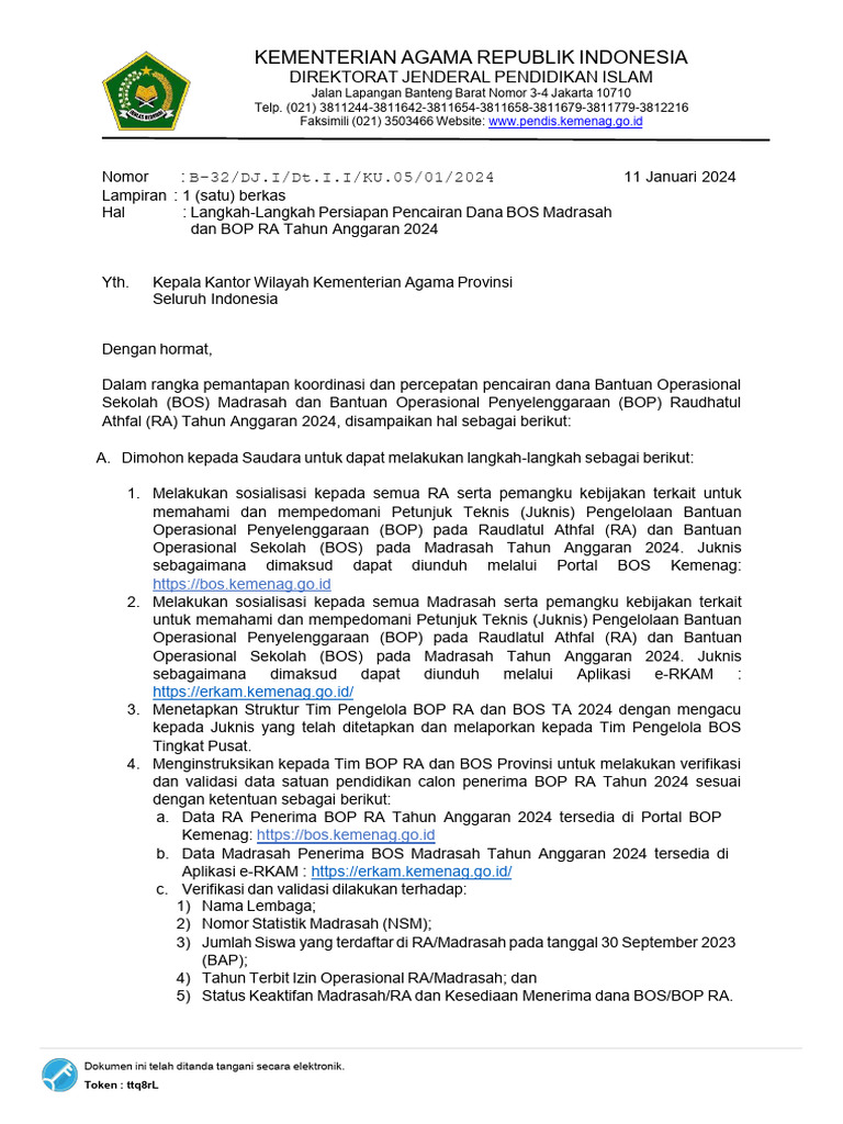 Surat Pemberitahuan Pelaksanaan BOS dan BOP RA Tahun 2024 | PDF