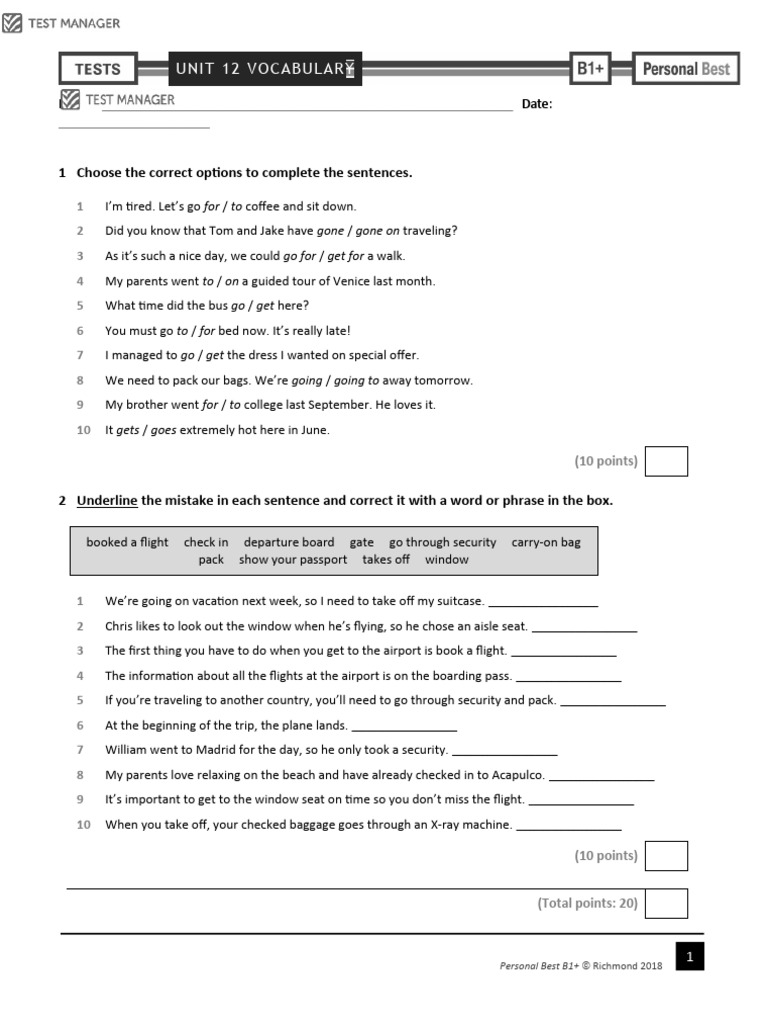 Personal Best B1 Unit 12 Vocab Test | PDF | Baggage