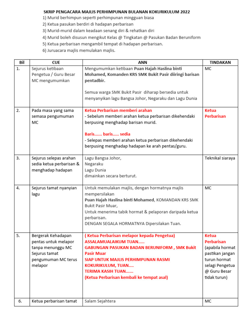 Skrip Pengacara Majlis Perhimpunan Bulanan Kokurikulum 2022 | PDF