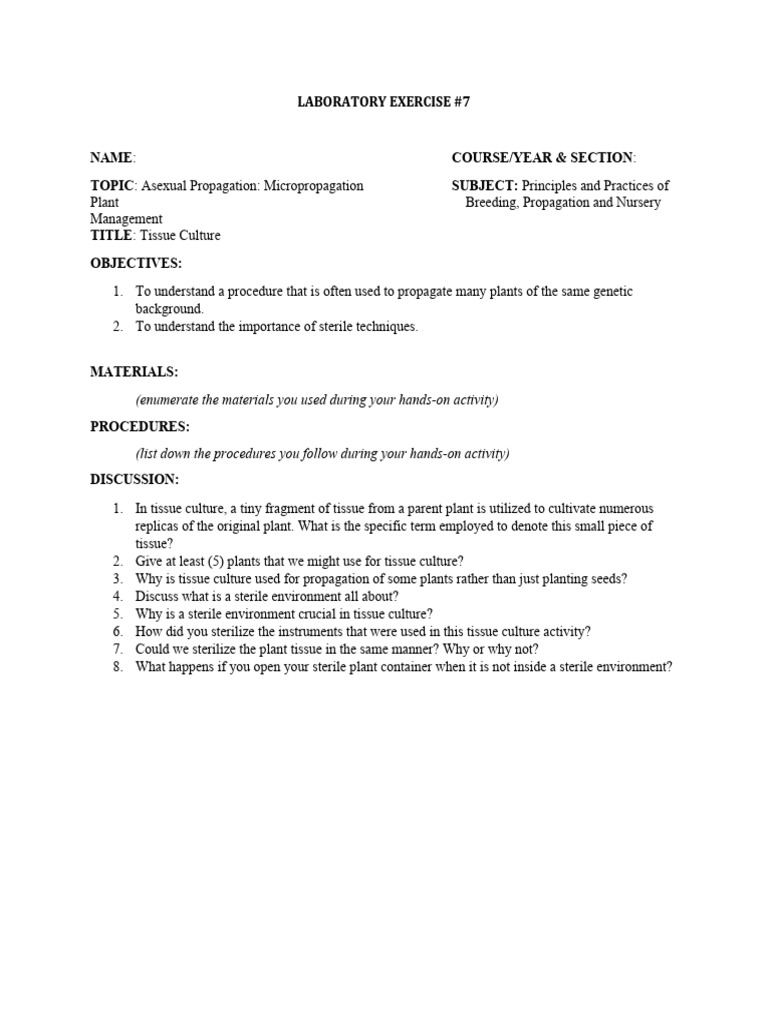 Laboratory Exercise #7 Micropropagation | PDF