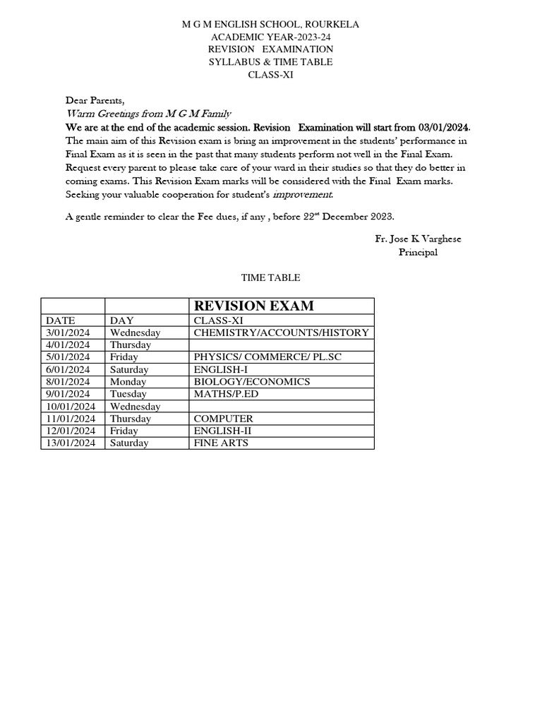 Class-11 Revision Exam Time Table & Syllabus | PDF