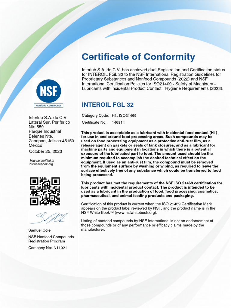 Interoil FGL 32 NSF | PDF | Safety