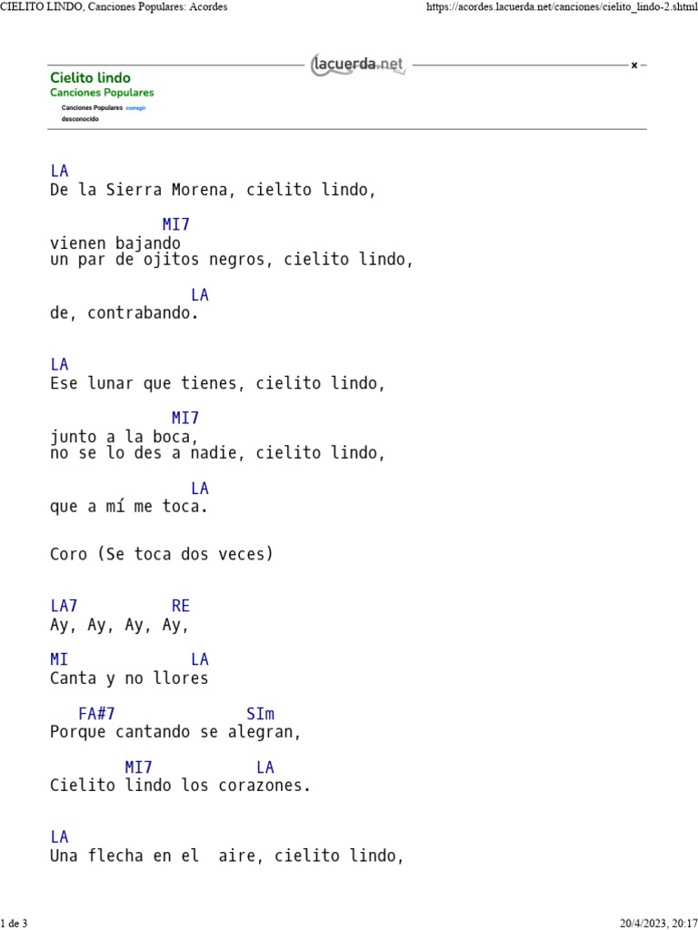 CIELITO LINDO, Canciones Populares Acordes | PDF | Música occidental ...