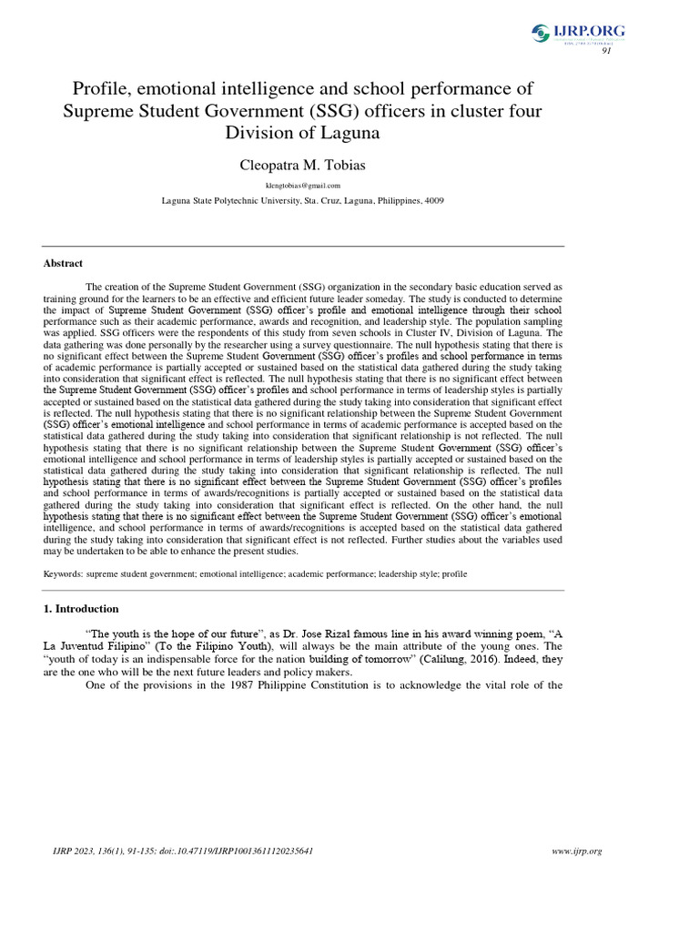 Profile, Emotional Intelligence and School Performance of Supreme ...