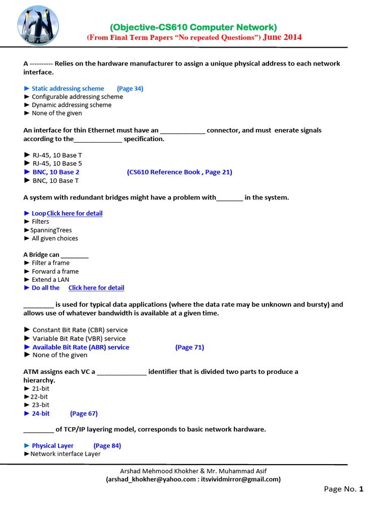 CS610 Final MCQsby Arshadnasif | PDF | Internet Protocols | Computer Network