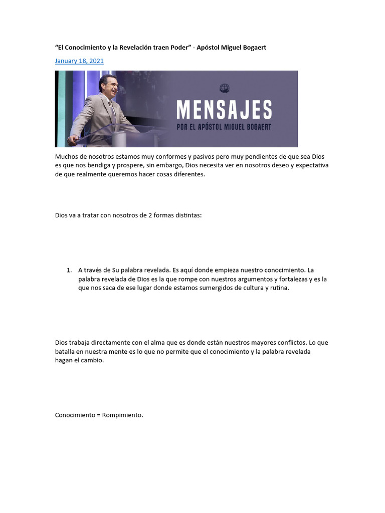 'El Conocimiento y La Revelación Traen Poder' - Apóstol Miguel Bogaert ...