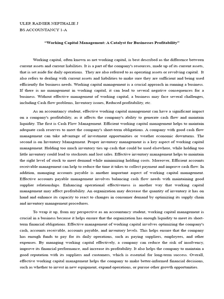 Working Capital Management Pdf Working Capital Inventory