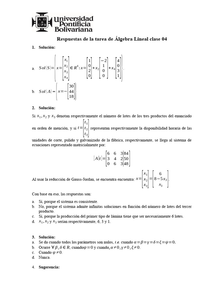Respuestas Tarea Algebra Lineal Clase 04 | PDF | Matriz (Matemáticas) | Álgebra