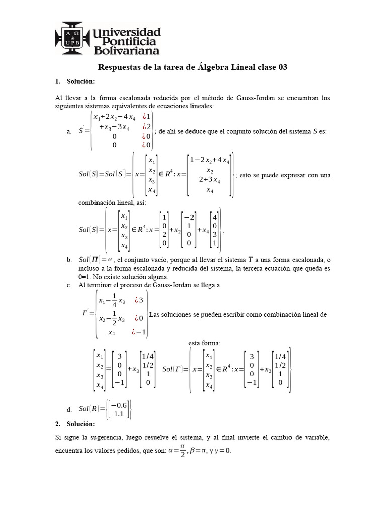 Respuestas Tarea Algebra Lineal Clase 03 | PDF | Ecuaciones | Análisis matemático