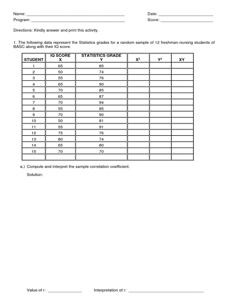 Activity For Pearson and Spearman | PDF | Statistics | Statistical ...