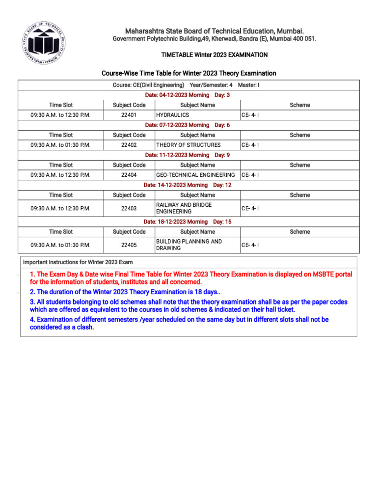 CE 4th Year Winter 2023 Exam Timetable | PDF