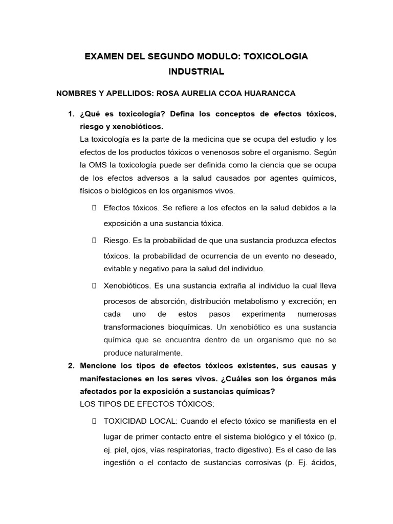 Examen Del Segundo Modulo Salud Ocupacional | PDF | Sistema inmune | Toxicidad