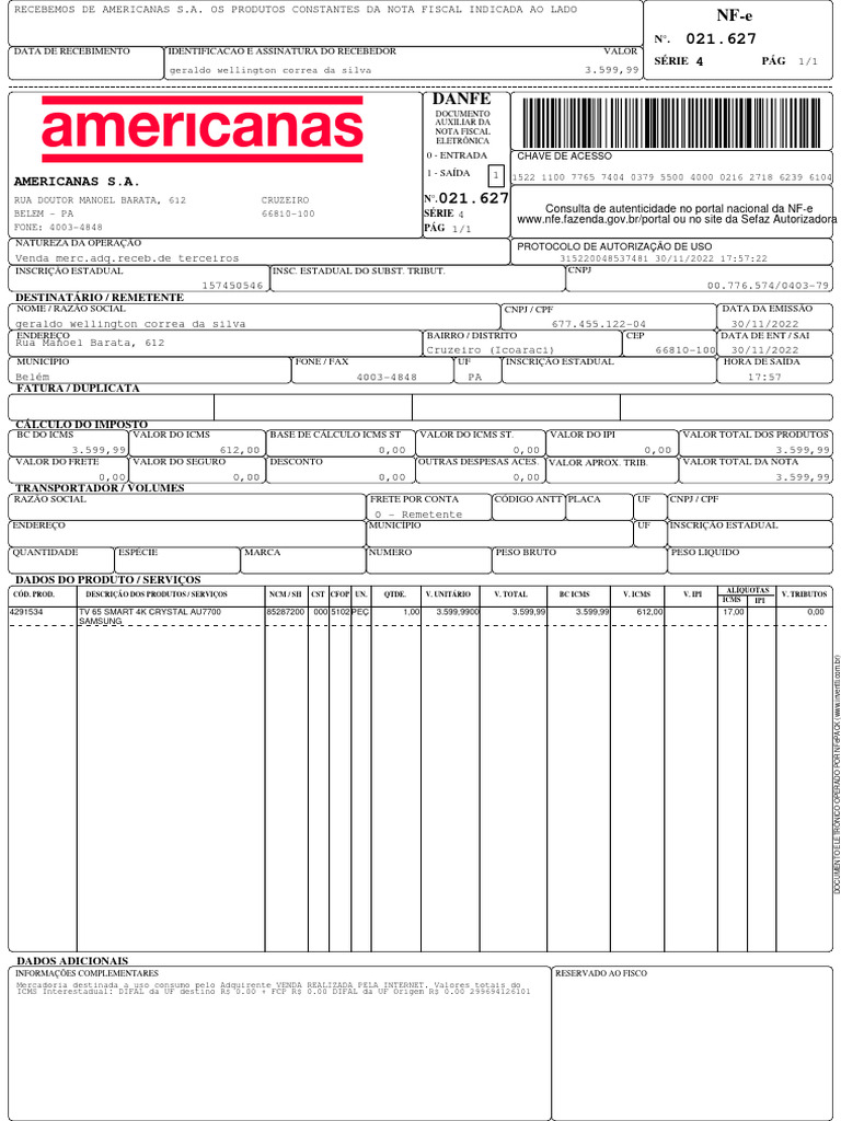 Nota Fiscal Americanas | PDF