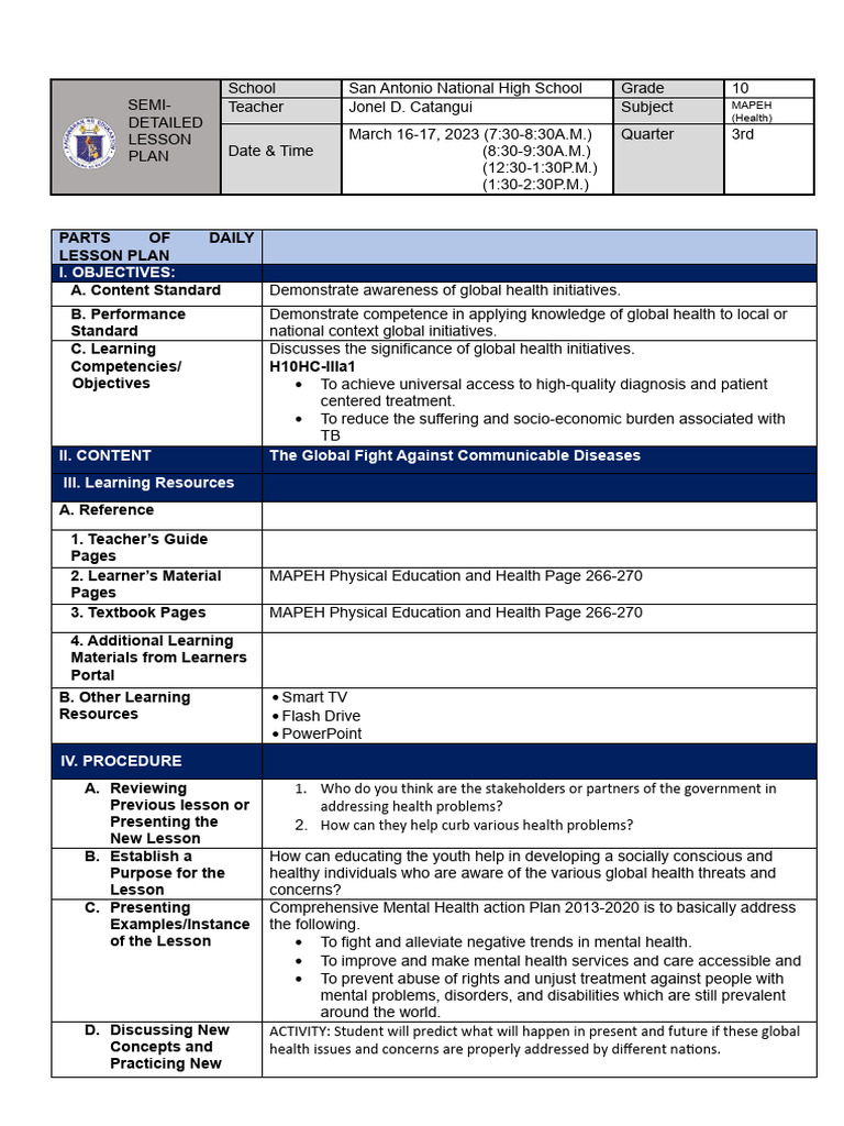 Grade 10 SDLP Global Health 2 | PDF | Global Health | Mental Health