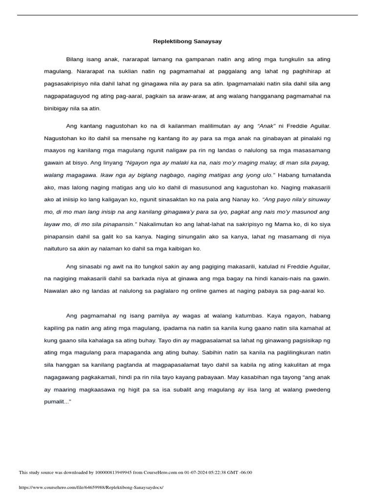 Replektibong Sanaysay | PDF Replektibong Sanaysay | PDF