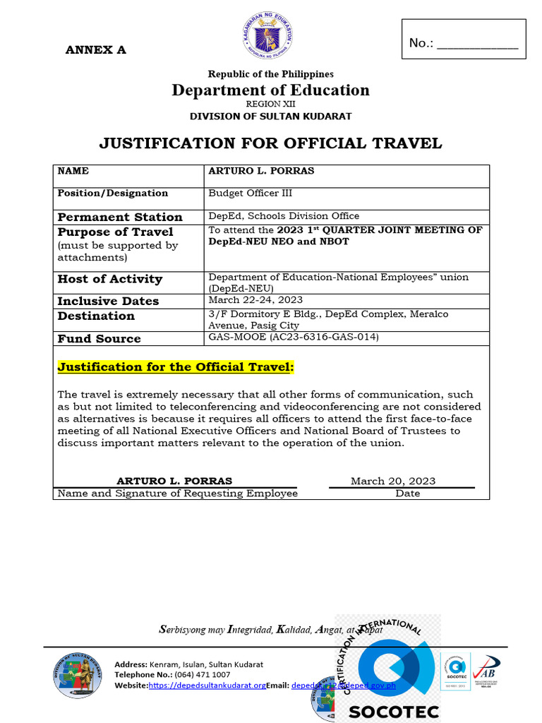Justification Offical-Travel | PDF