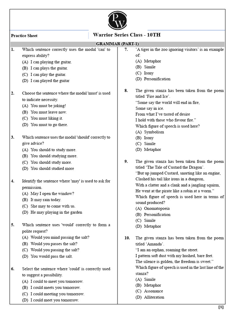 Grammar Practice for Class 10 Students | PDF | Poetry