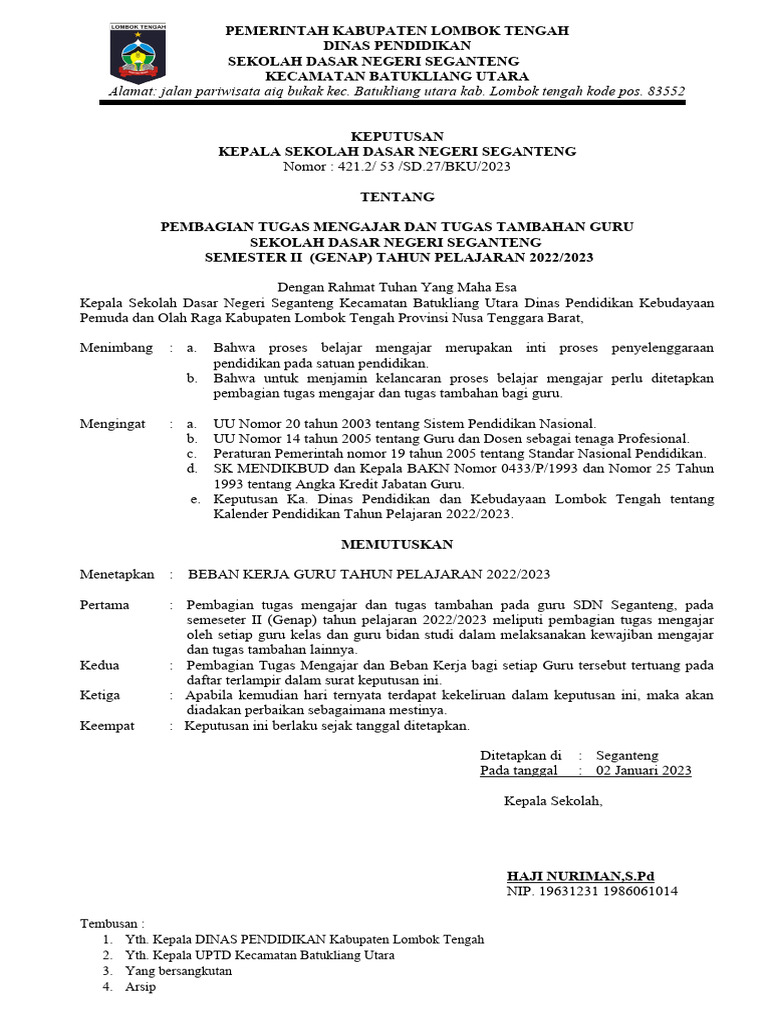 SK Pembagian Tugas 2022 2023 - 113218 | PDF