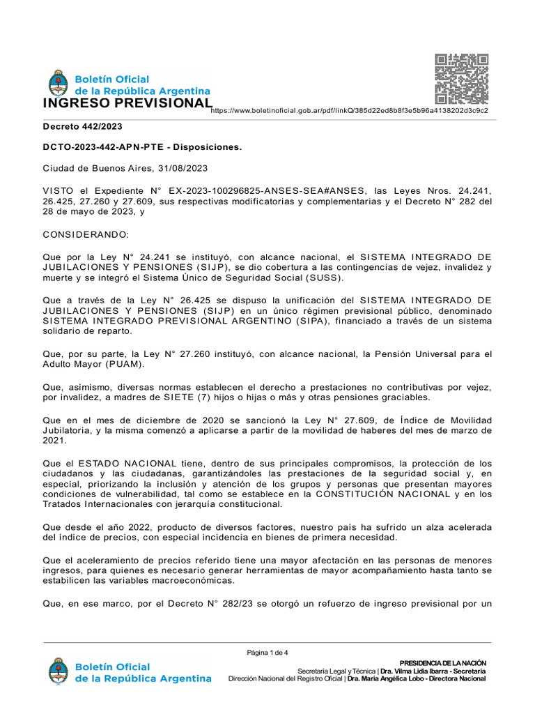 Decreto 442-2023 Refuerzo de Ingreso Previsional $ 37.000. | PDF | Pensión | Gobernancia