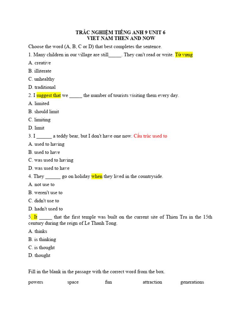 Trac Nghiem Tieng Anh 9 Unit 6 | PDF