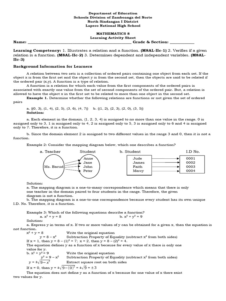 Relation Is A Function. (M8Al-Iic-2) 3. Determines Dependent and Independent Variables. (M8Al ...