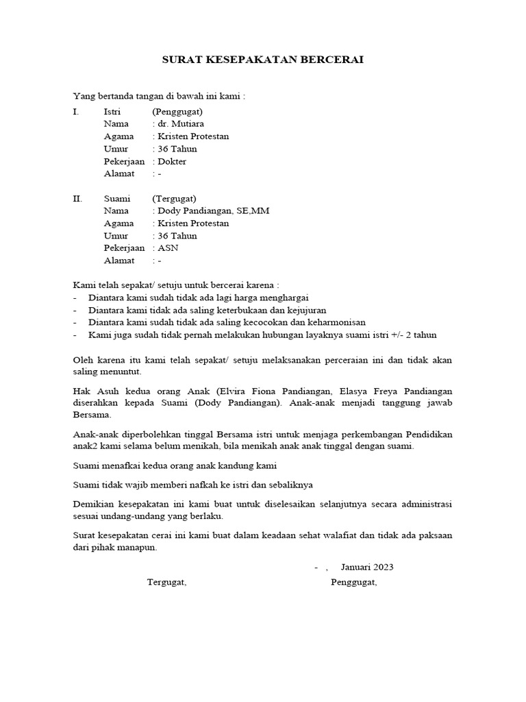 Surat Kesepakatan Bercerai | PDF