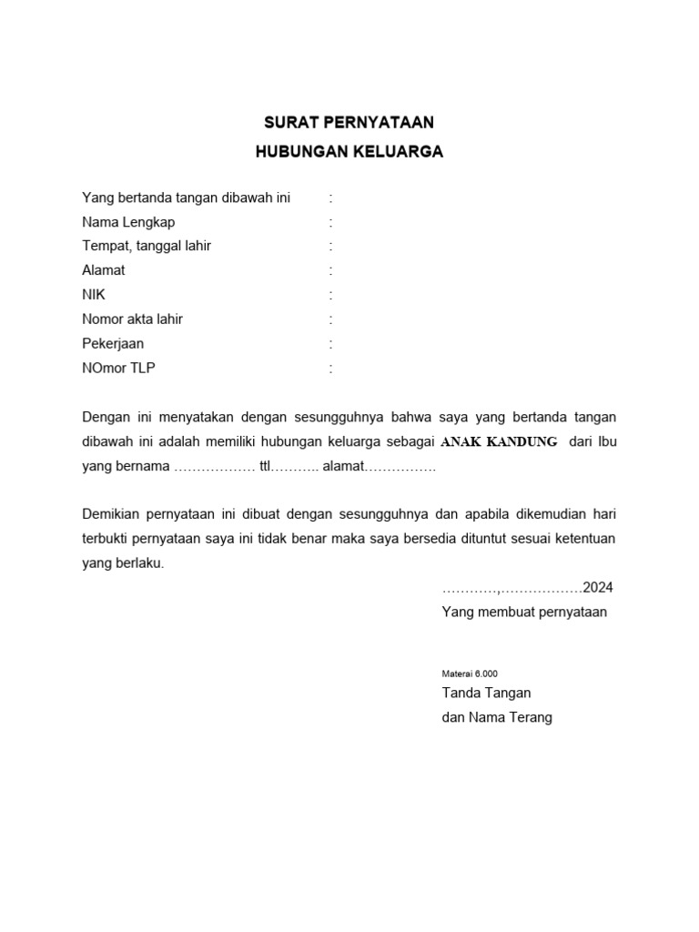 Surat Pernyataan Hubungan Keluarga | PDF