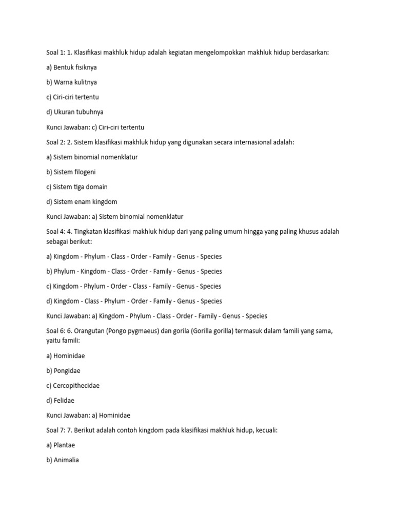 Soal IPA 7 - BAB 1 (Semt.2) - Klasifikasi Makhluk Hidup | PDF