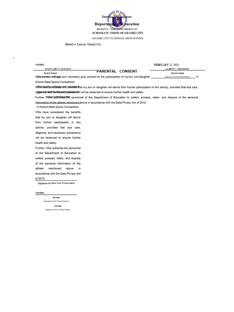 2020 Parents Consent Revised 2 Ozamiz 1 | PDF