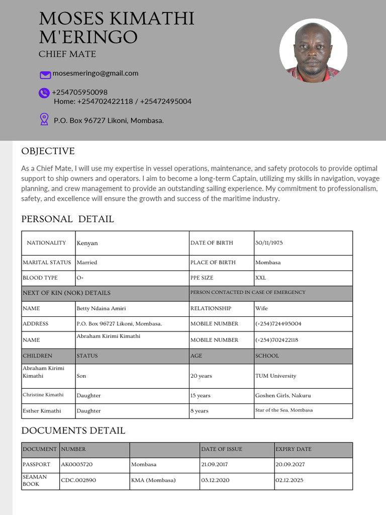 MOSES MERINGO CHIEF MATE UPDATED CV | PDF | Shipping | Water Transport