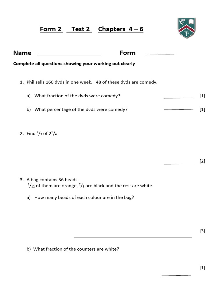 Form 2 Test 1 Ch 4-6 | PDF | Ratio | Mathematics