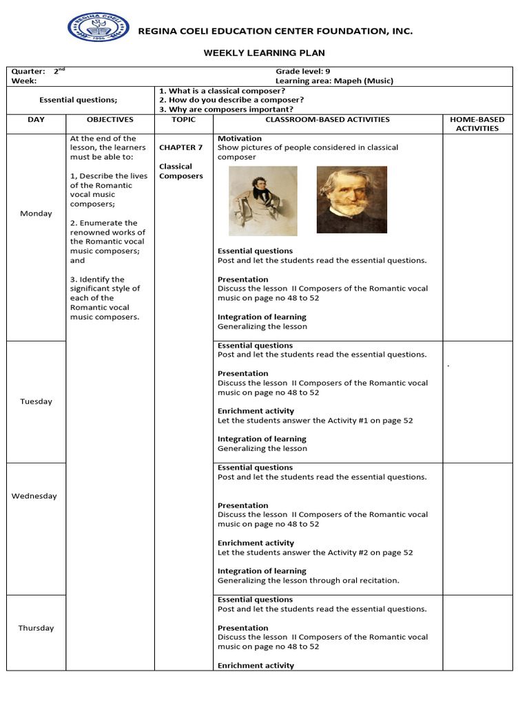 Learning Plan Music 9 | PDF | Learning | Composers