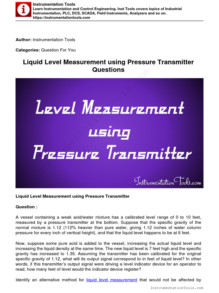 Liquid Level Measurement Using Pressure Transmitter | PDF | Electrical ...