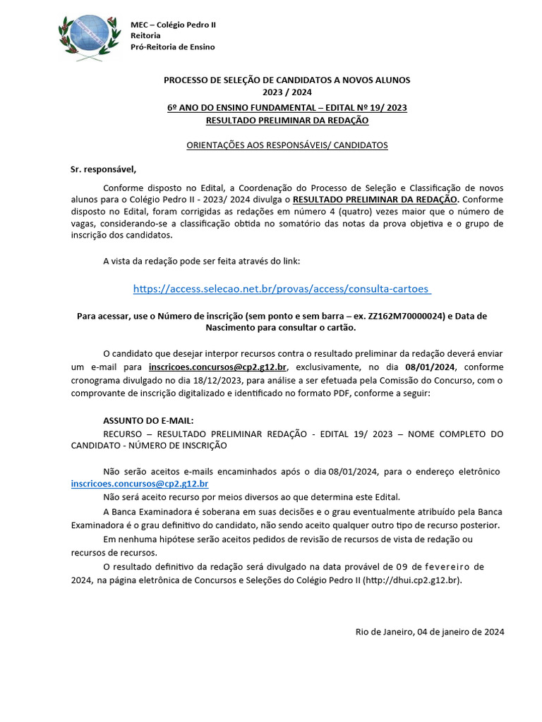 Result Prel Reda 6ano | PDF | Escrita | Brasil