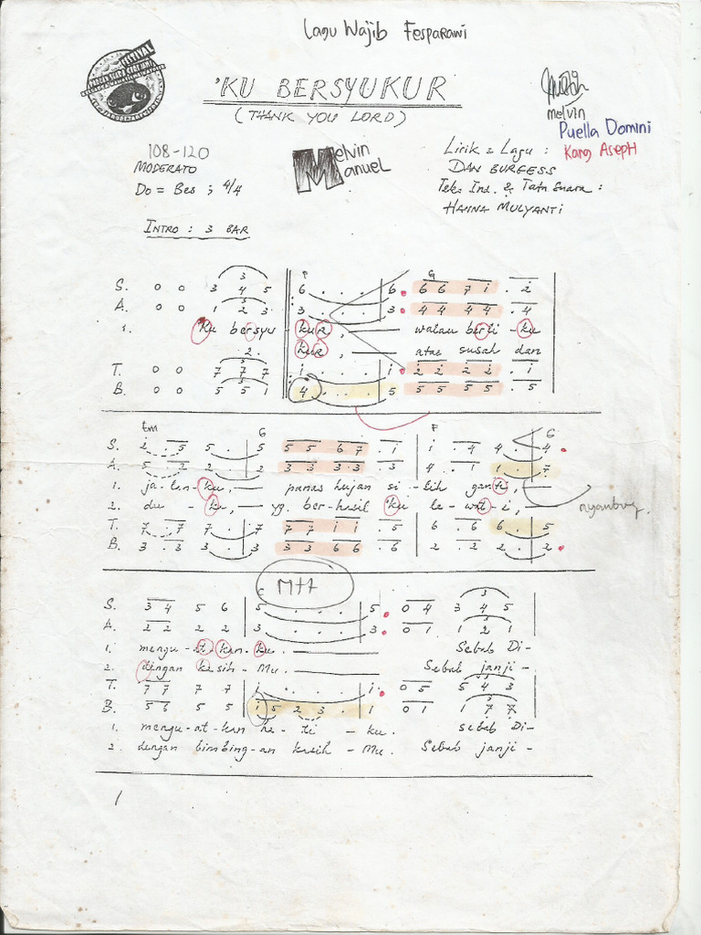 Ku Bersyukur Partitur SATB - Puella Domini Choir - Fesparawi | PDF