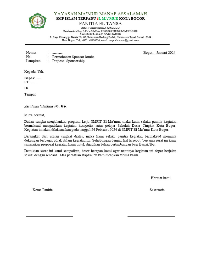 Surat Tanda Terima Proposal Sponsorship | PDF