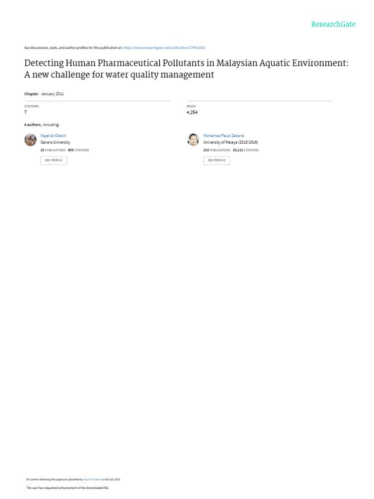 Detecting Human Pharmaceutical Pollutants in Malaysian Aquatic Environment | PDF | Water ...