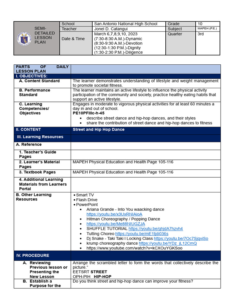 Hip-Hop Dance Lesson Plan for PE | PDF | Dances | Physical Education