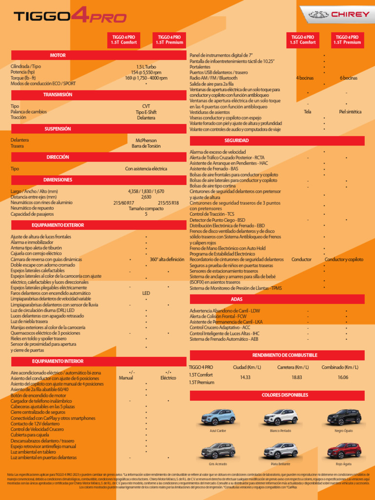 Chirey Tiggo 4 Pro Ficha Tecnica | Descargar gratis PDF | Airbag | Vehículos