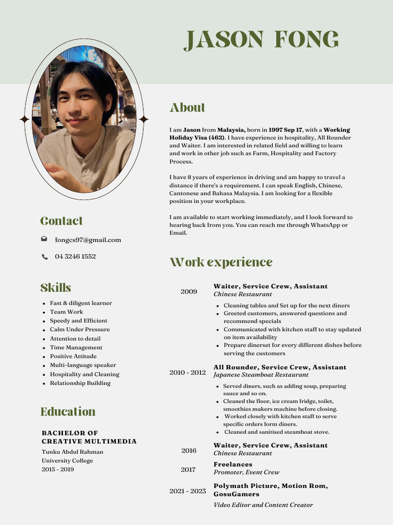 Jason Fong - CV 2 | PDF | Waiting Staff | Restaurants