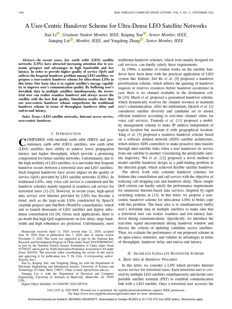 A User-Centric Handover Scheme For Ultra-Dense LEO Satellite Networks ... A User-Centric Handover Scheme For Ultra-Dense LEO Satellite Networks ...