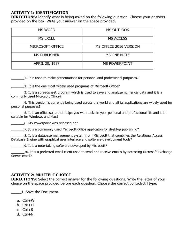 Activity 1: Identification DIRECTIONS: Identify What Is Being Asked On The Following Question ...