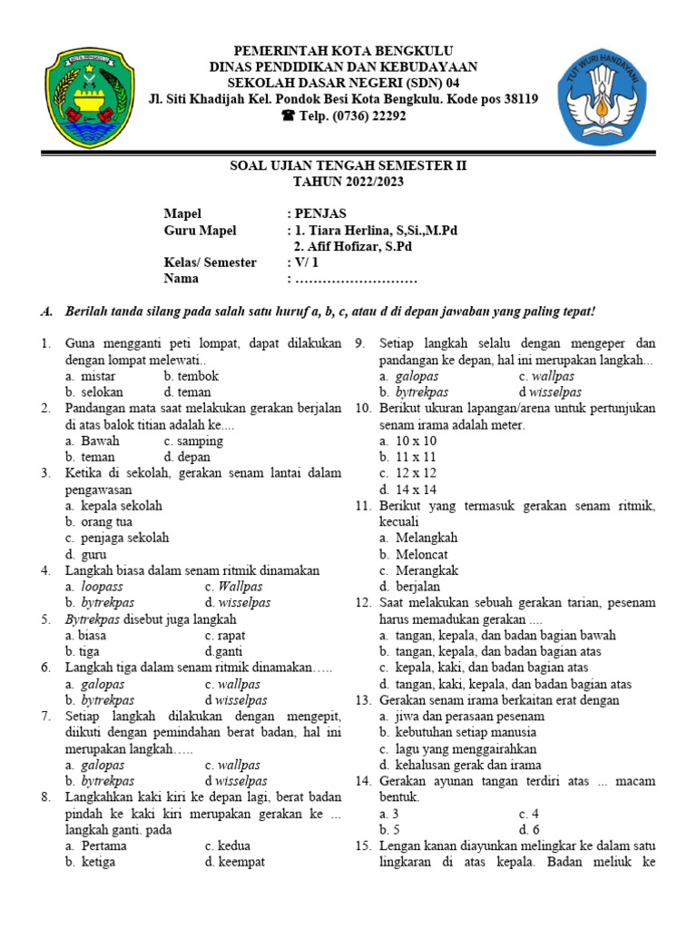 Soal Ujian Penjas Kelas V SD | PDF