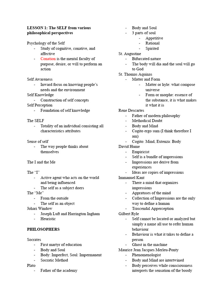 UTS Reviewer LESSON 1 | Download Free PDF | Philosophy Of Self | Mind